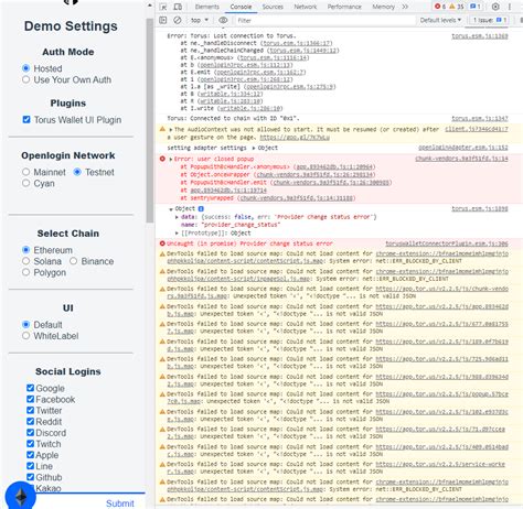The Torus Plug In Is Throwing An Error When I Close It Upon Switching Chains PnP Web SDKs
