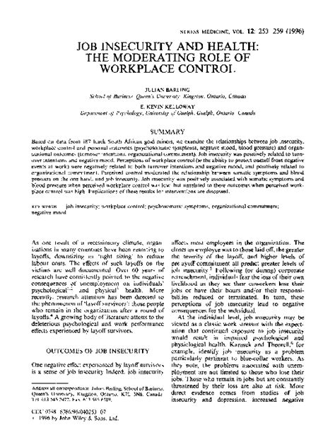 Pdf Job Insecurity And Health The Moderating Role Of Workplace Control