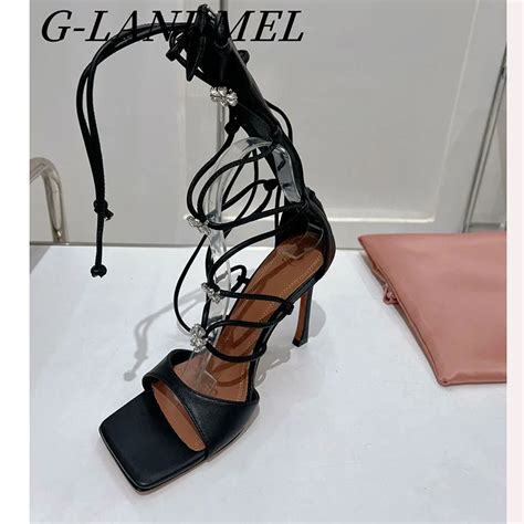 여성용 섹시 하이힐 스퀘어 헤드 오픈 토 샌들 발목 레이스업 진짜 가죽 가방 연회 드레스 신발 패션 Aliexpress