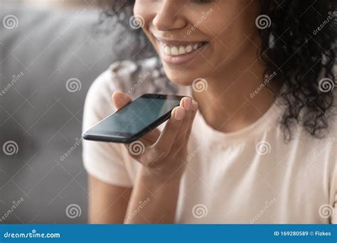 Woman Speaking Using Loudspeaker On Smartphone Closeup Focus On Device Stock Image Image Of
