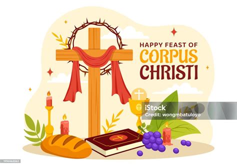 코퍼스 크리스티 카톨릭 종교 벡터 일러스트 레이 션 축제 날 십자가 빵 및 포도 휴일 축 하 평면 만화 배경 0명에 대한 스톡