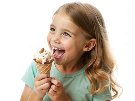 A Girl Having Caramel Coconut Crunch Icecream White Background