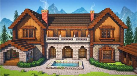 Minecraft How To Build A Wooden Mansion Tutorial Minecraft Mansion
