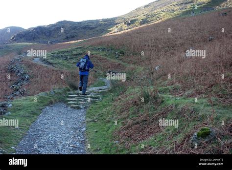 Single Lone Man Climbing Stone Steps Up To The Scarth Gap Pass From