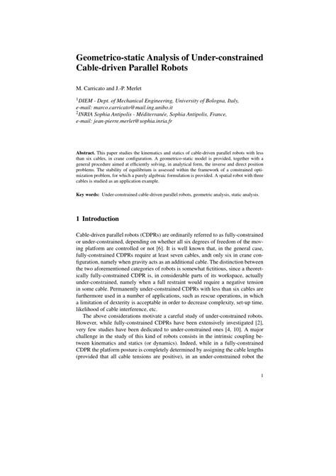 Pdf Geometrico Static Analysis Of Under Constrained Cable Driven Parallel Robots