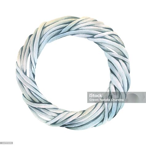 연한 회색과 흰색의 뒤틀린 덩굴 가지로 만든 둥근 화환 꽃다발과 프레임의 기초 손으로 그린 수채화 일러스트 배경에서 분리된 별도의 요소입니다 0명에 대한 스톡 벡터 아트 및