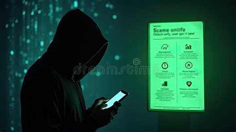 hacker using phone in front of cyber security poster stock