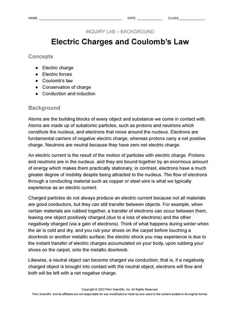 Lab Background Electric Charges And Coulombs Law Name Date Class