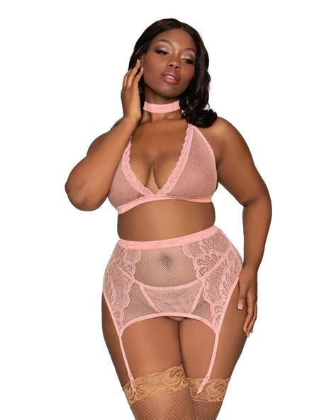 Fishnet And Lace Halter Bralette Garter Belt G String And Choker Rose Pi