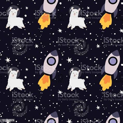 별이 빛나는 우주 배경에 귀여운 알파카 우주 비행사와 원활한 패턴 포장지 포스터 패브릭 및 기타 디자인에 적합합니다 귀여운 라마 꿈같은에 대한 스톡 벡터 아트 및 기타