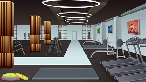 피트니스 체육관 빈 인테리어 디자인입니다 장비 러닝 머신 및 바벨 덤벨 전문 유산소 및 운동 스튜디오 안에 아무도 없는 방 건강하고 스포티한 라이프스타일 개념 벡터 그림