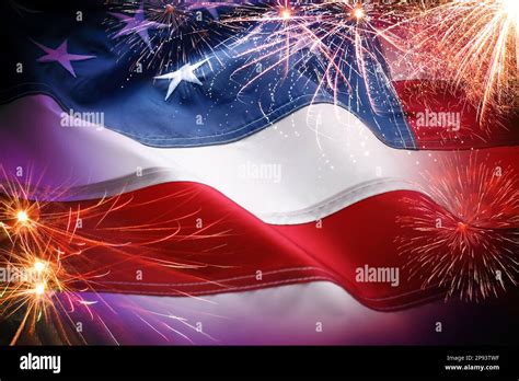 Independence Day Of Usa National American Flag And Fireworks Stock