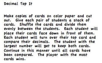 NF Decimal Top It Game Compare Decimals By Math Resources With Rigor