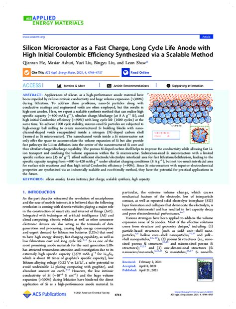 Pdf Silicon Microreactor As A Fast Charge Long Cycle Life Anode With