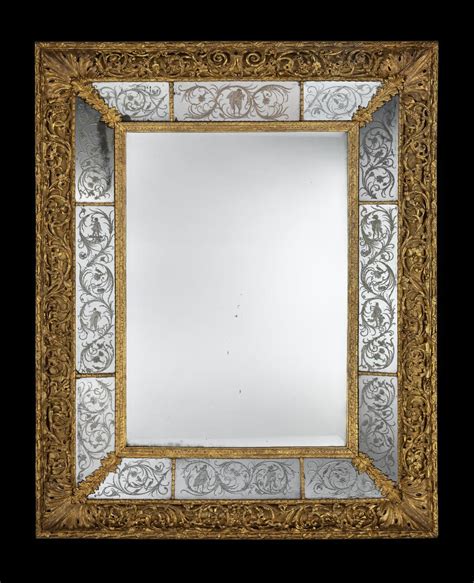 Carved Gilt Wood Etched Border Glass Mirror Circa 1680 Bada