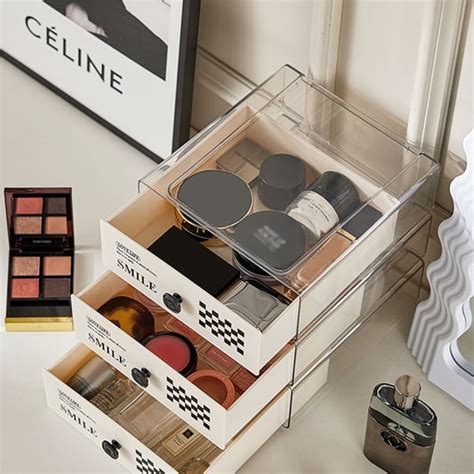 Plastic Stackable Makeup Organizer Desktop Cosmetic Storage Box With 3 Drawers In White Homary Uk