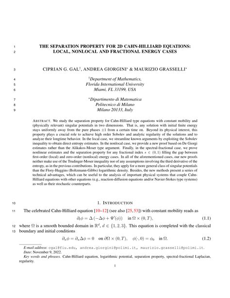 Pdf The Separation Property For 2d Cahn Hilliard Equations Local