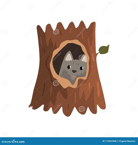 Cute Wolf Cub Sitting In Hollow Of Tree Hollowed Out Old Tree And Cute
