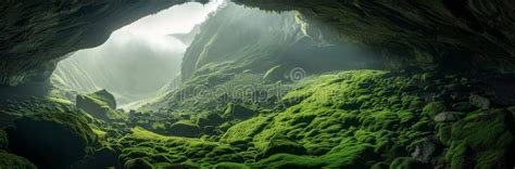 Underground Cave With Mossy Rocks Natural Cavern With Sunlight Stock