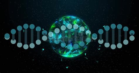 dna strand animation over rotating globe with glowing particles stock