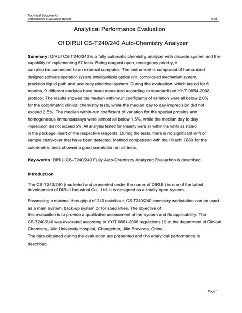 Dirui Cs T240240 Analyzer Performance Evaluation Report