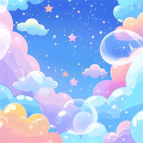 Dreamy Pastel Sky With Fluffy Clouds Bubbles And Stars Background