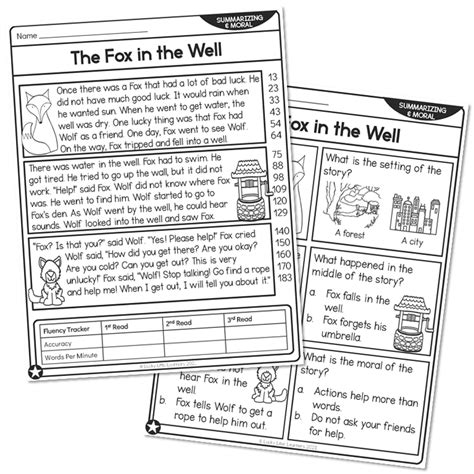 2nd Grade Summarizing And Moral Of The Story Reading Passage The Fox In The Well Below