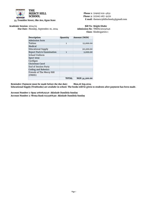 School Billing For Bright Ebube 1 Pdf