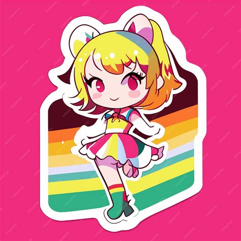 Premium Vector Cheerful Happy Cute Girl Waving Raised Hand Chibi Rainbow Cartoon Sticker