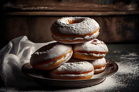 Premium Photo Closeup Of Donuts Dusted With Powdered Sugar Served On
