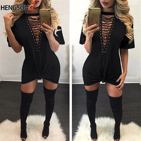 Women Mini Club Dress Sexy Lace Up Bodycon Dress Deep V Neck Short