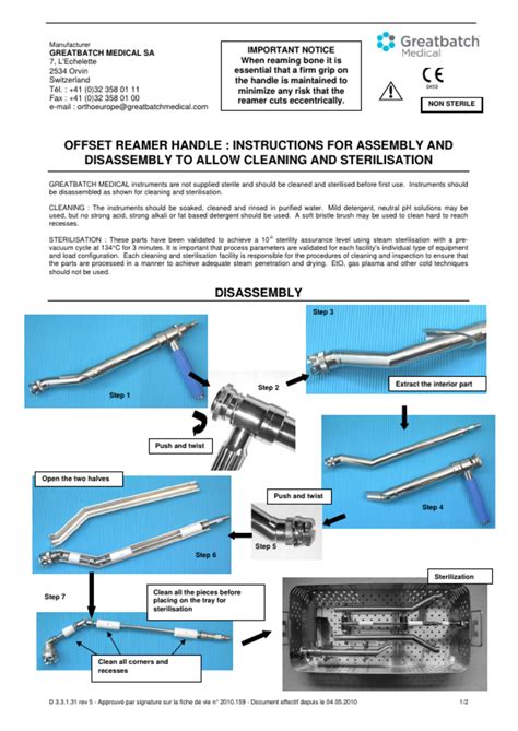 Offset Reamer Handle Instructions For Assembly And Disassembly To Allow Cleaning And Offset Reamer Handle Instructions For Assembly And Disassembly To Allow Cleaning And