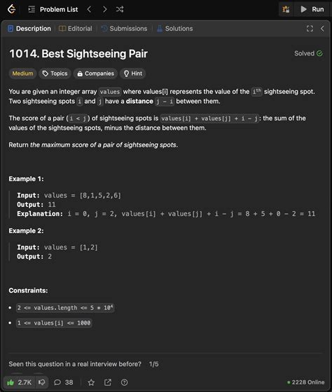 27 12 2024 1014 Best Sightseeing Pair Leetcode Challenge Tech Threads