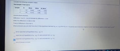 Solved N Mean Stdev Sample 1 Se Mean 036 1094 126 12 16 2