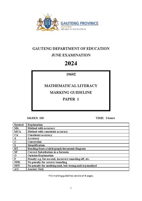 Official Marking Guideline Mathematical Lit Paper 1 Eng Gauteng