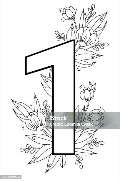 꽃 번호 숫자 하나 꽃 튤립 싹 잎 장식 패턴 1 흰색 배경에서 격리된 벡터 그림입니다 선 윤곽선 1에 대한 스톡 벡터 아트 및