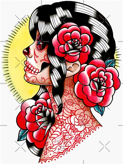 Dia De Los Muertos Sugar Skull Girl Tattoo Flash Sticker For Sale By