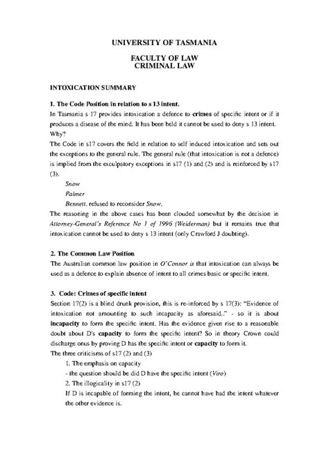 Intoxicationsummary University Of Tasmania Faculty Of Law Criminal