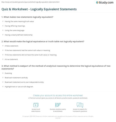 Quiz And Worksheet Logically Equivalent Statements