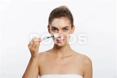 Portrait Beautiful Naked Woman Apply Cosmetic White Clay Mask On With