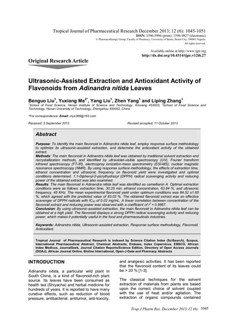Pdf Ultrasonic Assisted Extraction And Antioxidant Activity Of Flavonoids From Adinandra