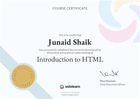 Completed Introduction To Html Course On Sololearn Junaid Shaik