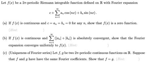 Solved Let Fx Be A 2π Periodic Riemann Integrable Function