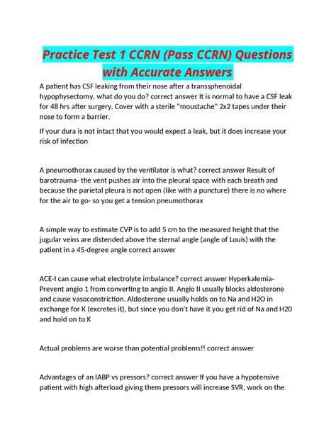 Practice Test 1 Ccrn Pass Ccrn Questions With Accurate Answers