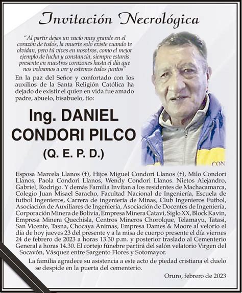 Invitación Necrológica Ing Daniel Condori Pilco Q E P D Periódico La Patria