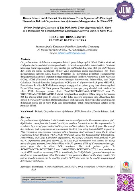 Pdf Desain Primer Untuk Deteksi Gen Diphtheria Toxin Repressor Dtxr