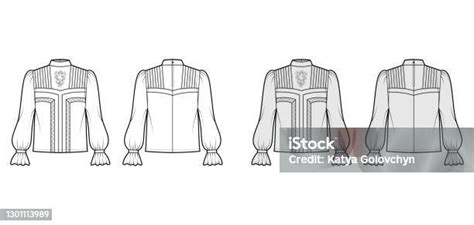 빅토리아 블라우스 테크니컬 패션 일러스트와 비숍 러플 롱 슬리브 스탠드 칼라 오버사이즈 레이스 플랫 빅토리아 스타일에 대한 스톡 벡터 아트 및 기타 이미지 Istock