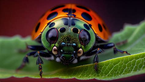 Macro Shot Ladybug On A Green Leaf Generative Ai Stock Illustration Illustration Of