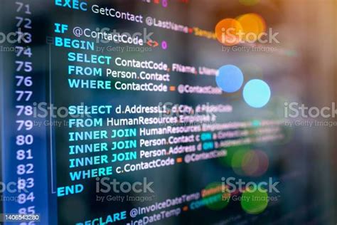 Sql Code On Computer Monitor And Server Room Background Example Of Sql Code To Query Data From A