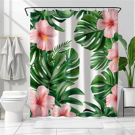 Hyperrealistic Tropical Rainforest Shower Curtain With Pink Hibiscus